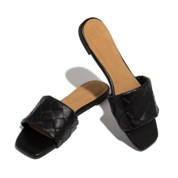 Shoes | Black Square Toe Woven Strap Slides | Poshmark
